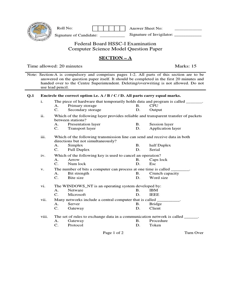 Federal Board HSSC-I Examination Computer Science Model Question Paper ...