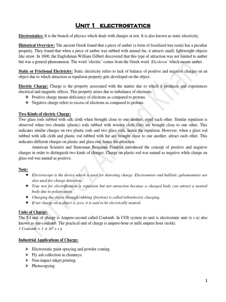 Unit - I - Electrostatics 12th Physics | PDF | Electric Charge ...