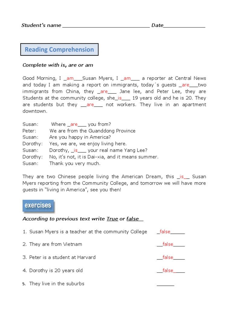Reading Comprehension Verb To Be. | PDF