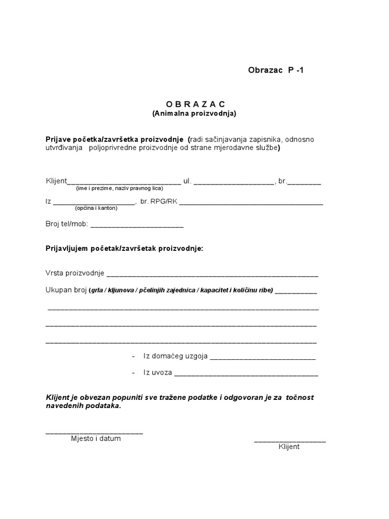 Obrazac P - 1: (Animalna Proizvodnja) | PDF