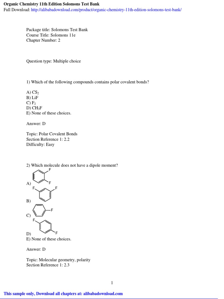 Organic Chemistry 11th Edition Solomons Test Bank | PDF | Chemical ...