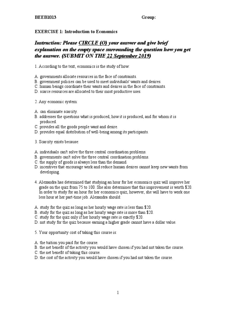 Economics Pretest and Exercises | PDF | Macroeconomics | Economics