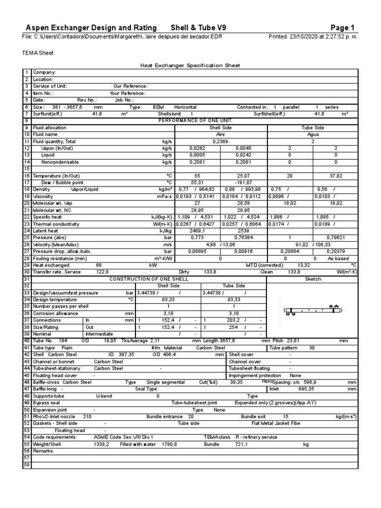 Aspen Exchanger Design and Rating: Heat Exchanger Specification for Air ...