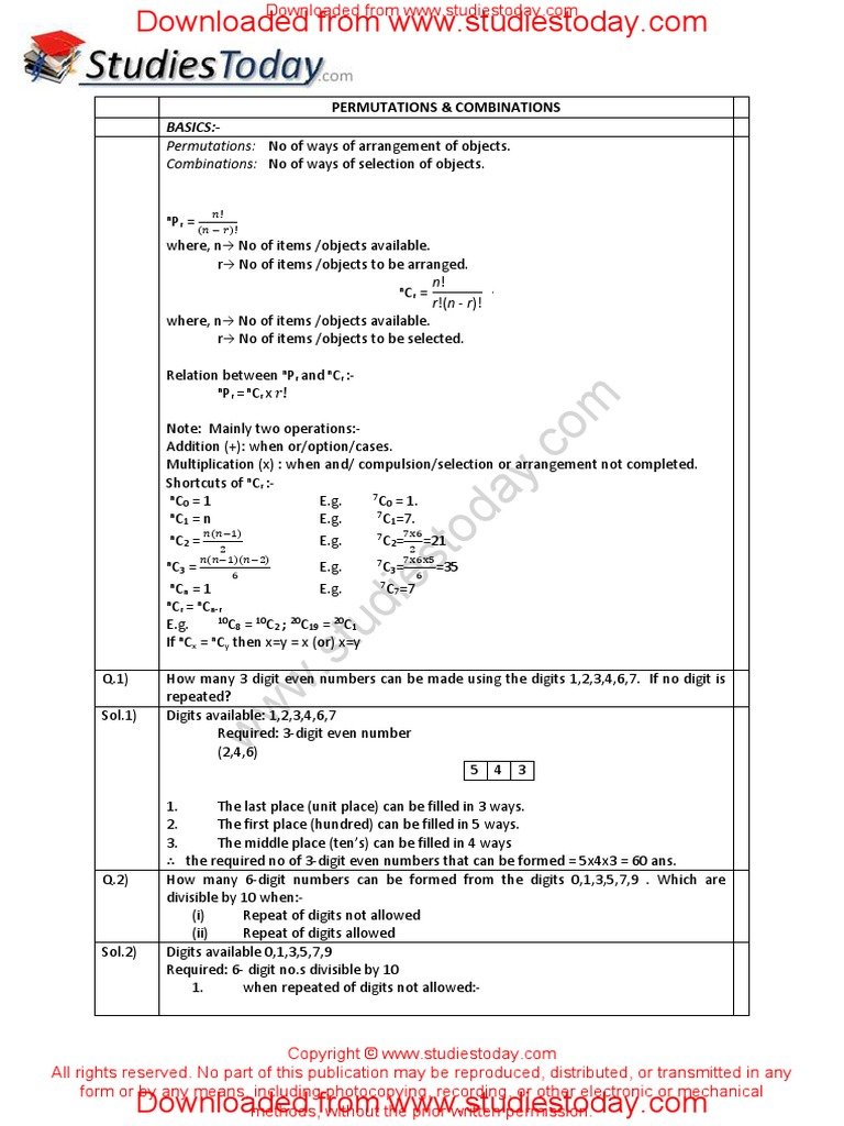 CBSE Class 11 Mathematics Worksheet - Permutations and Combinations (2 ...