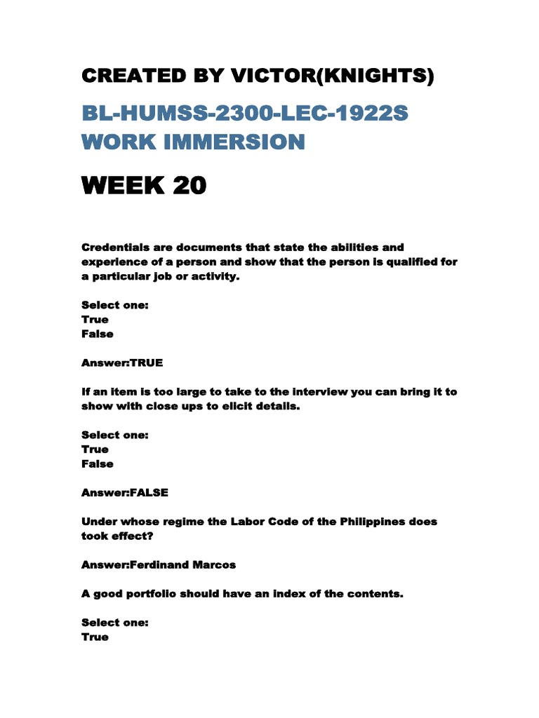 Week 20 BL Humss 2300 Lec 1922s Work Immersionvictor | PDF | Interview ...