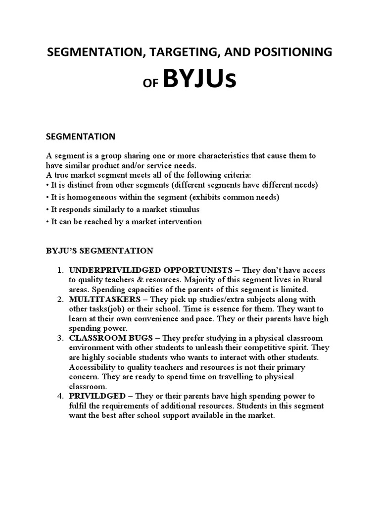 Byjus: Segmentation, Targeting, and Positioning OF | PDF | Market ...