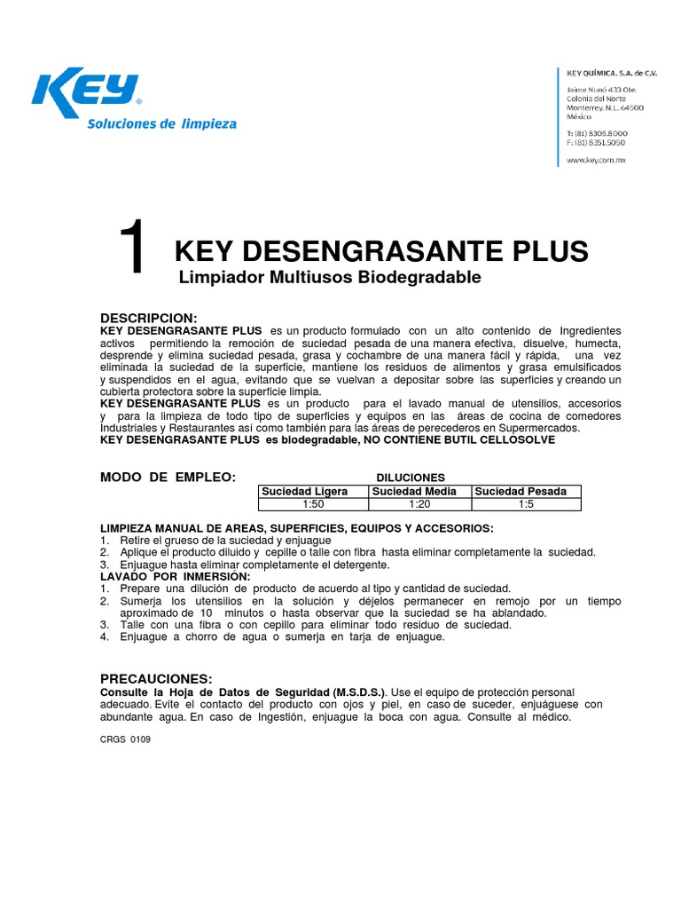 Key Desengrasante Plus: Ficha Técnica | PDF | Hogar, jardinería y ...