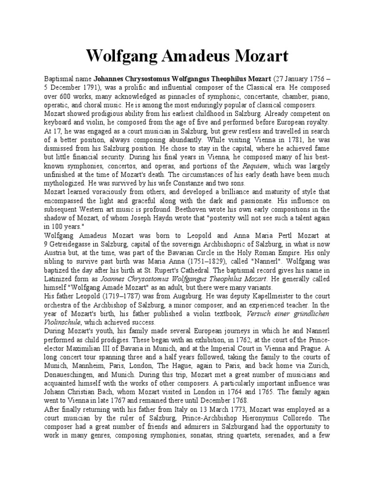Mozart: A Prodigy and His Legacy | PDF | Wolfgang Amadeus Mozart ...