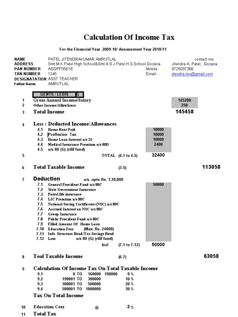 Form 16 Income Tax Calculation 2010 | PDF | Tax Deduction | Deductible