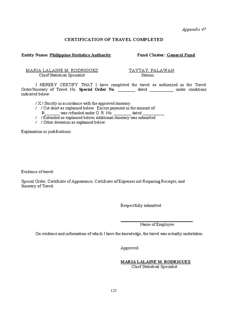 Certification of Travel Completed: Maria Lalaine M. Rodriguez Taytay ...
