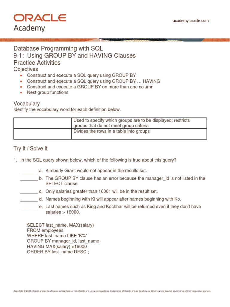 Database Programming With Sql 9 1 Using Group By And Having Clauses Practice Activities Pdf