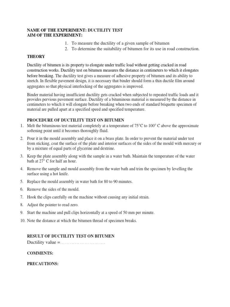 To Measure The Ductility of A Given Sample of Bitumen 2. To Determine ...