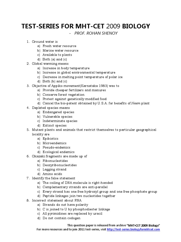 Prof. Rohan Shenoy's Test-Series For MHT-CET Biology - 2009 - Archived ... Prof. Rohan Shenoy's Test-Series For MHT-CET Biology - 2009 - Archived ...