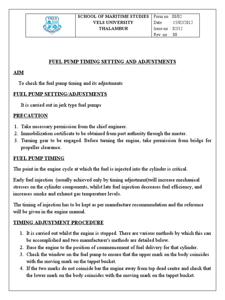 EX-2 Fuel Pump Timing Setting and Adjustment | PDF | Fuel Injection | Pump