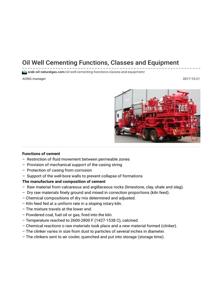 Oil Well Cementing Functions, Classes and Equipment PDF | PDF | Casing ...
