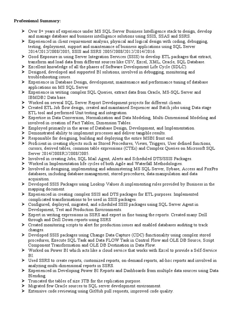 Professional Summary | PDF | Microsoft Sql Server | Data Management ...