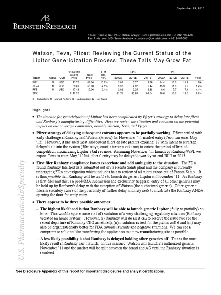 Watson, Teva, Pfizer: Reviewing The Current Status of The Lipitor ...