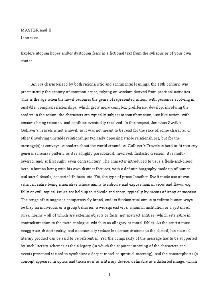 Utopian:Dystopian Essay | PDF | Satire | Gulliver's Travels