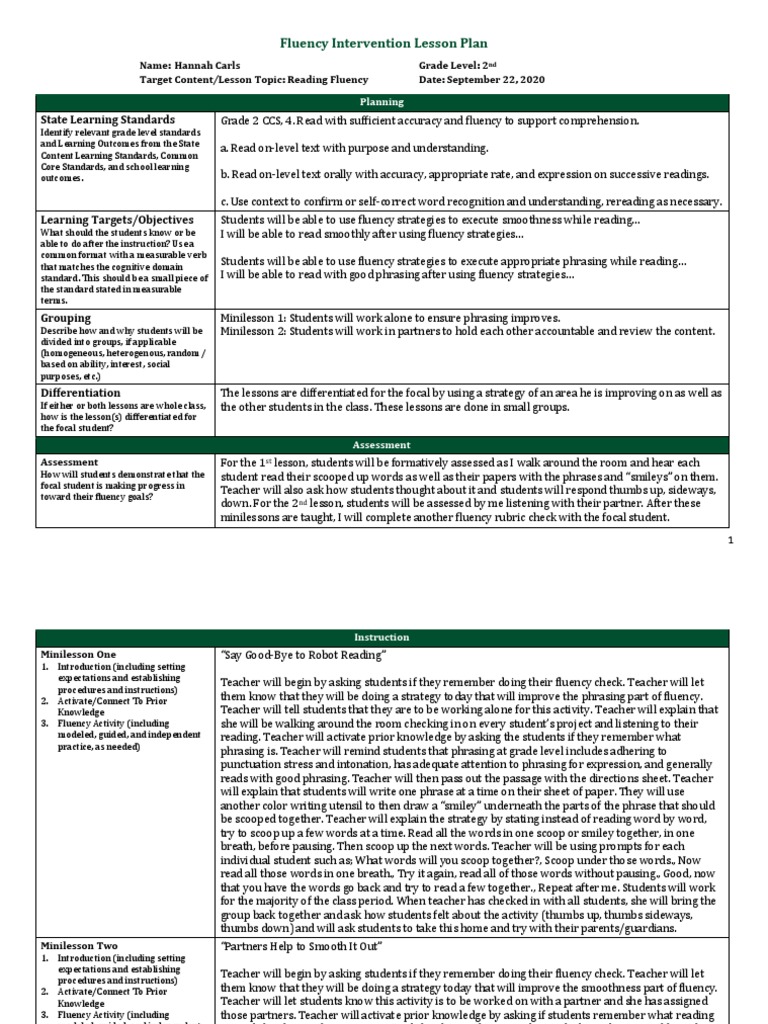 Fluency Intervention Lesson Plan: State Learning Standards | PDF ...