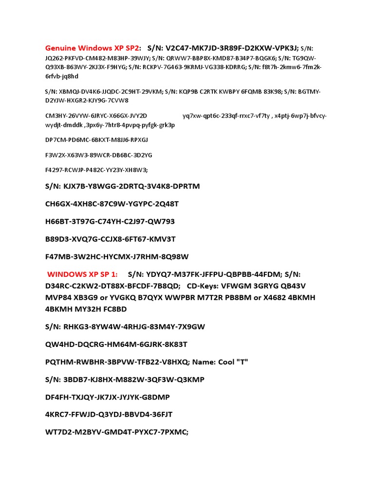 Windows XP & Vista Serial Keys | PDF | Windows Xp | Windows Vista