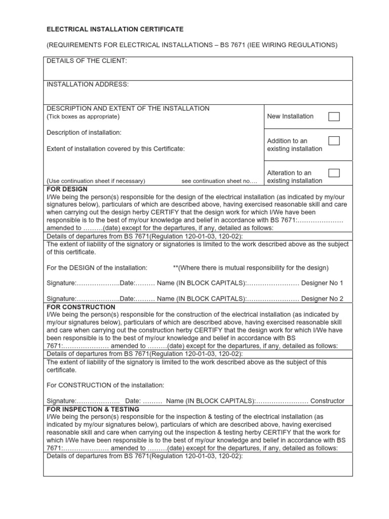 IEE Electrical Installation Certificate - Template | PDF | Electrical ...