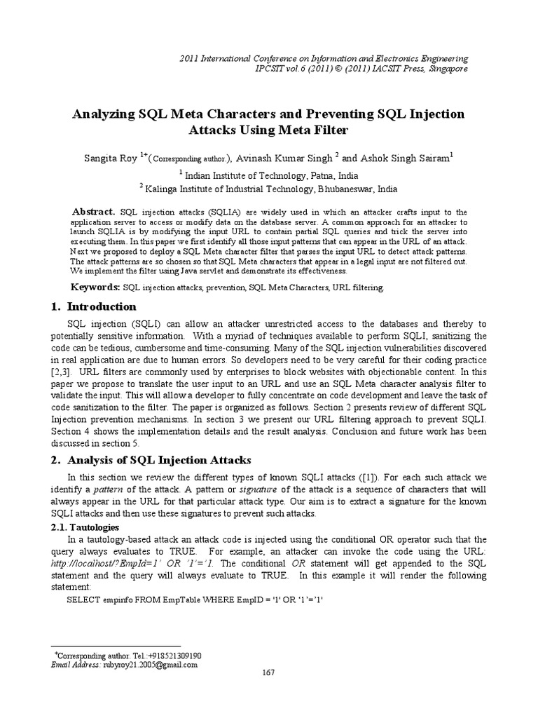 Analyzing Sql Meta Characters And Preven Pdf Pdf Databases Sql