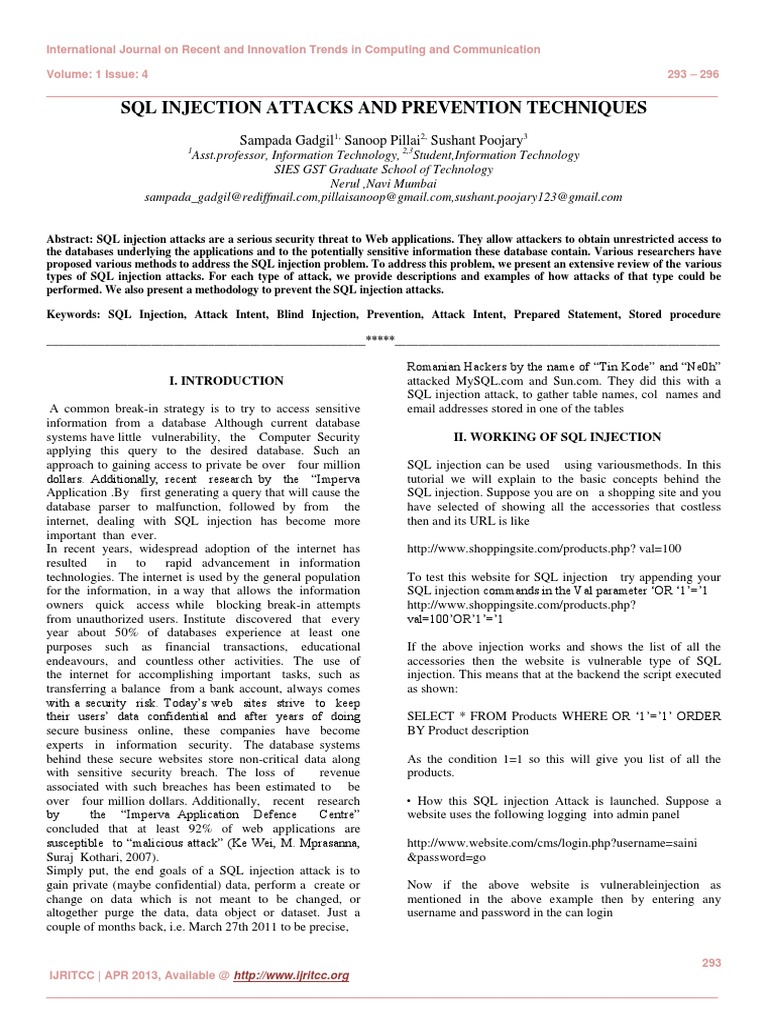 SQL Injection Attacks and Prevention Techniques | PDF | Sql | Databases