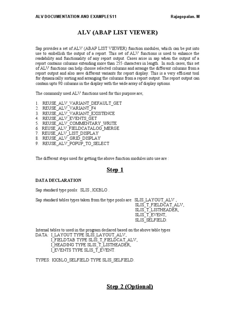 Alv (Abap List Viewer) : Alv Documentation and Examples11 Rajagopalan. M | Download Free PDF ...