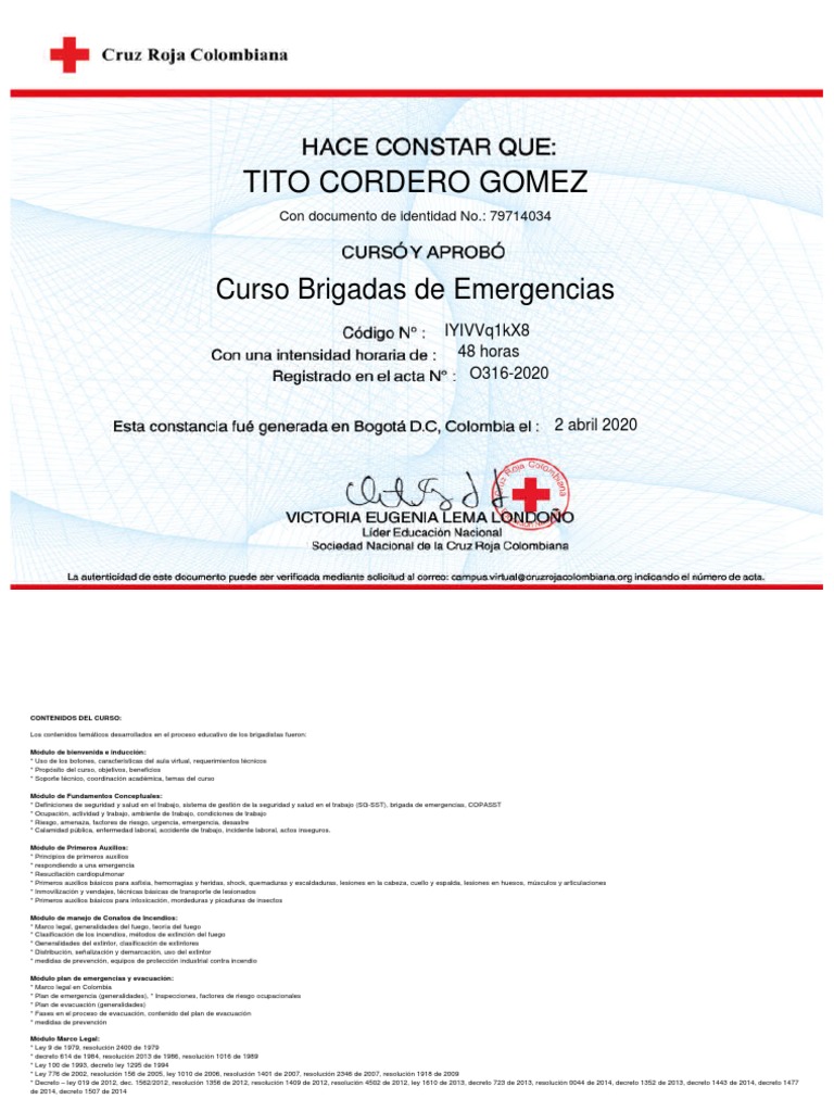 O316-2020 - Certificado Curso Brigadas de Emergencias | PDF | Primeros ...