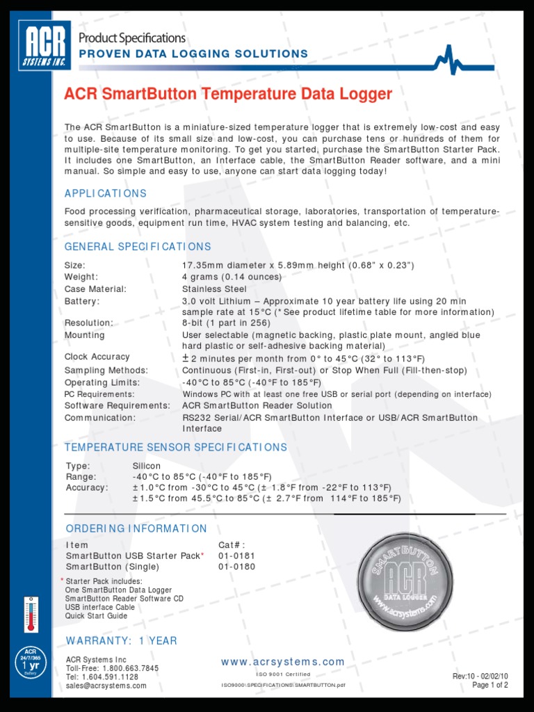 Acr Smartbutton Temperature Data Logger: Product Specifications | Download Free PDF ...
