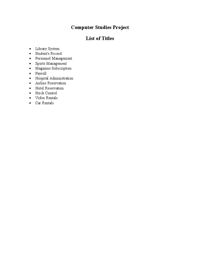 Computer Studies Project List of Titles | PDF