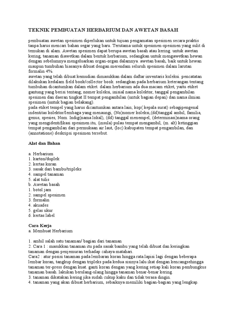 Teknik Pembuatan Herbarium Dan Awetan Basah | PDF