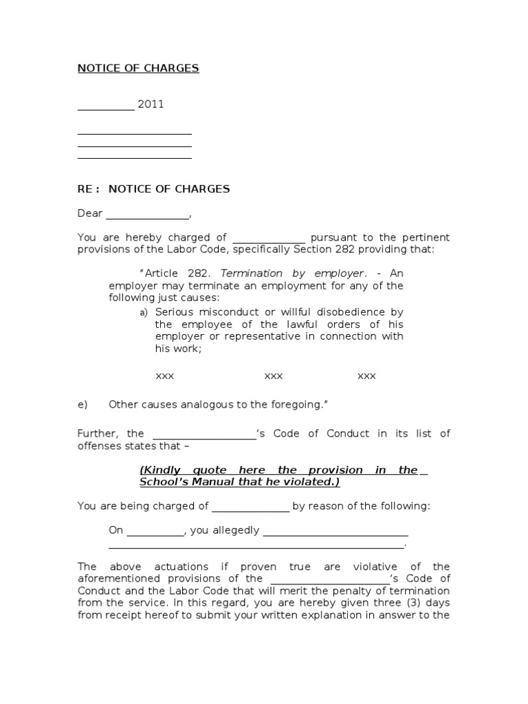 Notice of Charges: (Kindly Quote Here The Provision in The School's ...