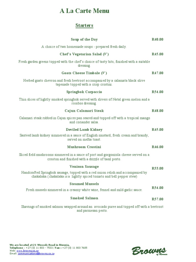 A La Carte Menu: Starters | PDF | Curry | Sausage