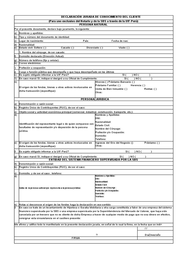 Declaración Jurada de Conocimiento Del Cliente (Para Uso Exclusivo Del Notarlo y de La SBS A ...