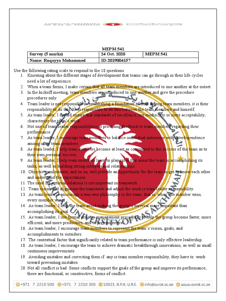 Survey Team Work | PDF | Behavior Modification | Applied Psychology