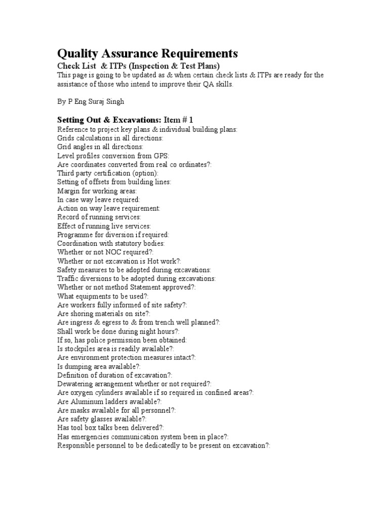 Quality Assurance Requirements: Check List & Itps (Inspection & Test ...