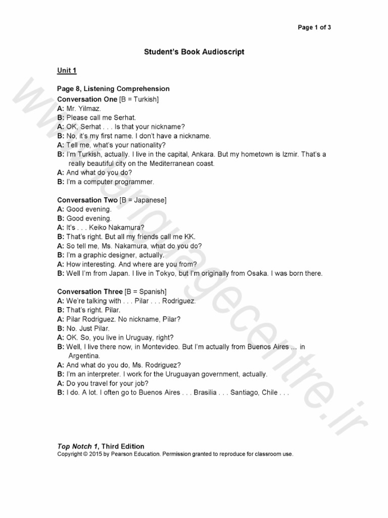Top Notch 1a Audio Script Third Edition PDF | PDF