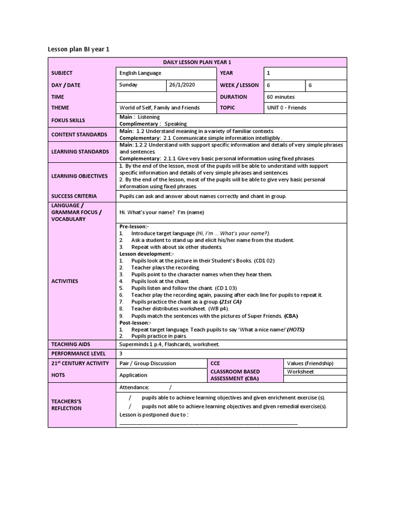 Lesson Plan BI Year 1 | PDF | Lesson Plan | Teachers