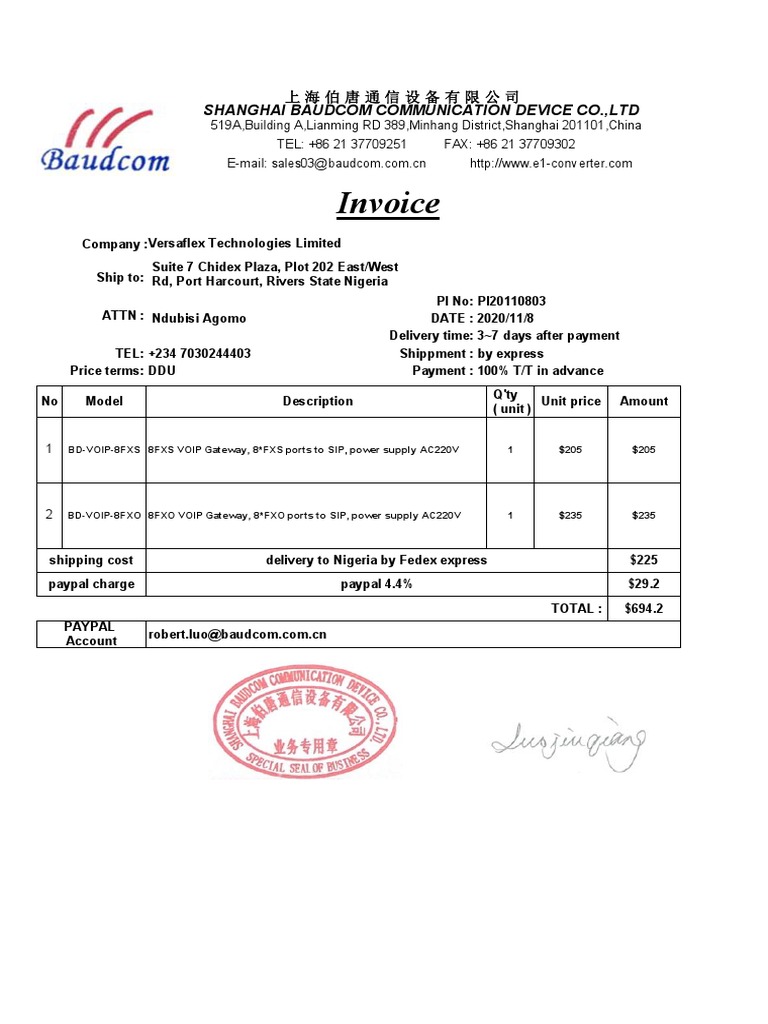 Baudcom Invoice PI20110803 of 8 VOIP Gateway | PDF
