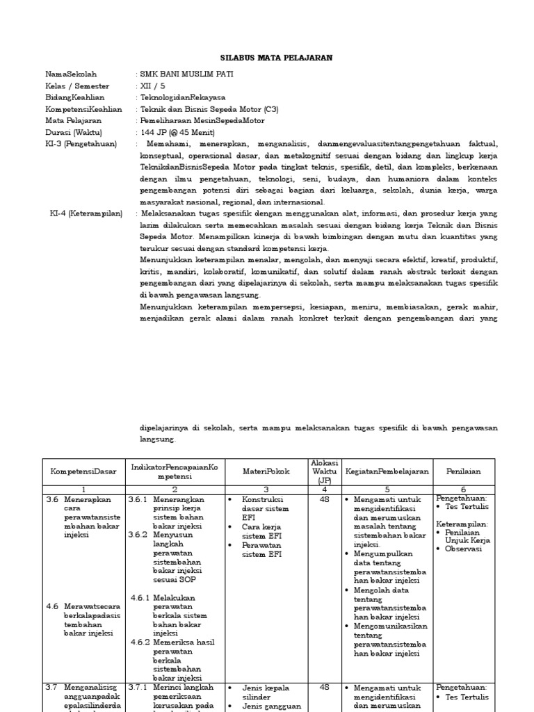 SILABUS TBSM Pemeliharaan Mesin Sepeda Motor XII | PDF