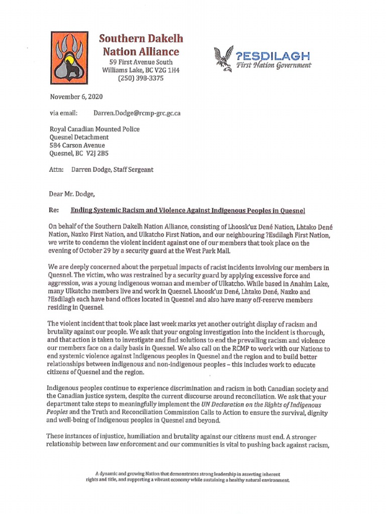 Letter To Quensel RCMP by SDNA and ?esdilagh First Nation | PDF