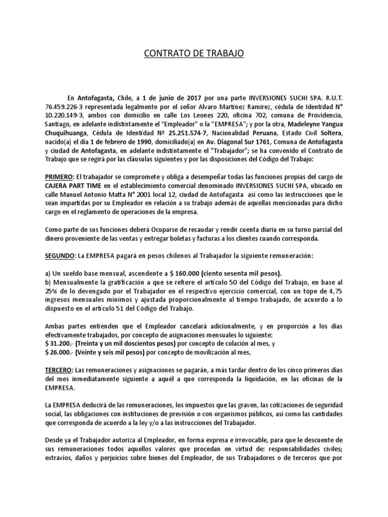 CONTRATO DE TRABAJO CAJERA PART TIME Madeleyne Yangua | PDF | Derecho ...