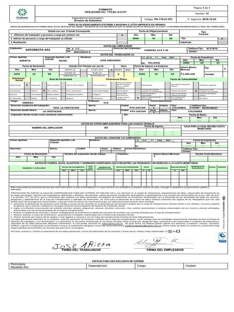 FORMATO AFILIACION COFREM JOSE ARRIETA-fusionado PDF | PDF | Bases de datos | Business