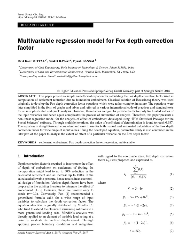 Multivariable Regression Model For Fox Depth Correction Factor | PDF ...
