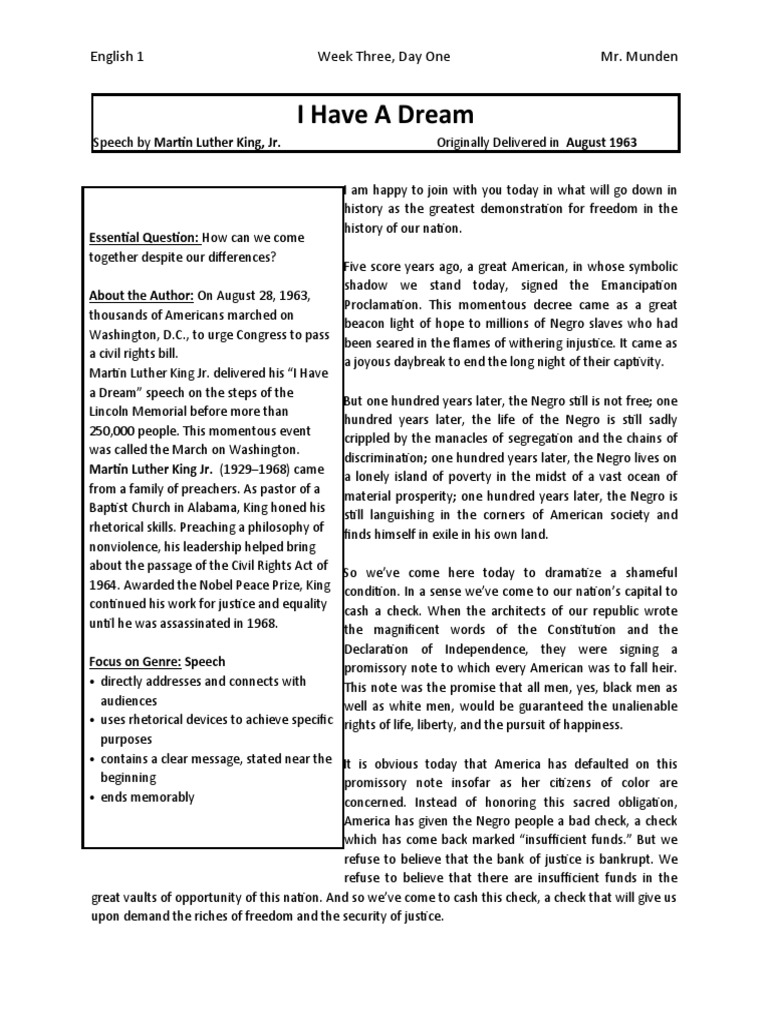 High School English: MLK's Dream Speech | PDF | Social Science | History