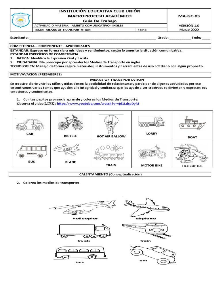 Guia de Inglés Medios de Transporte 4 Periodo | PDF