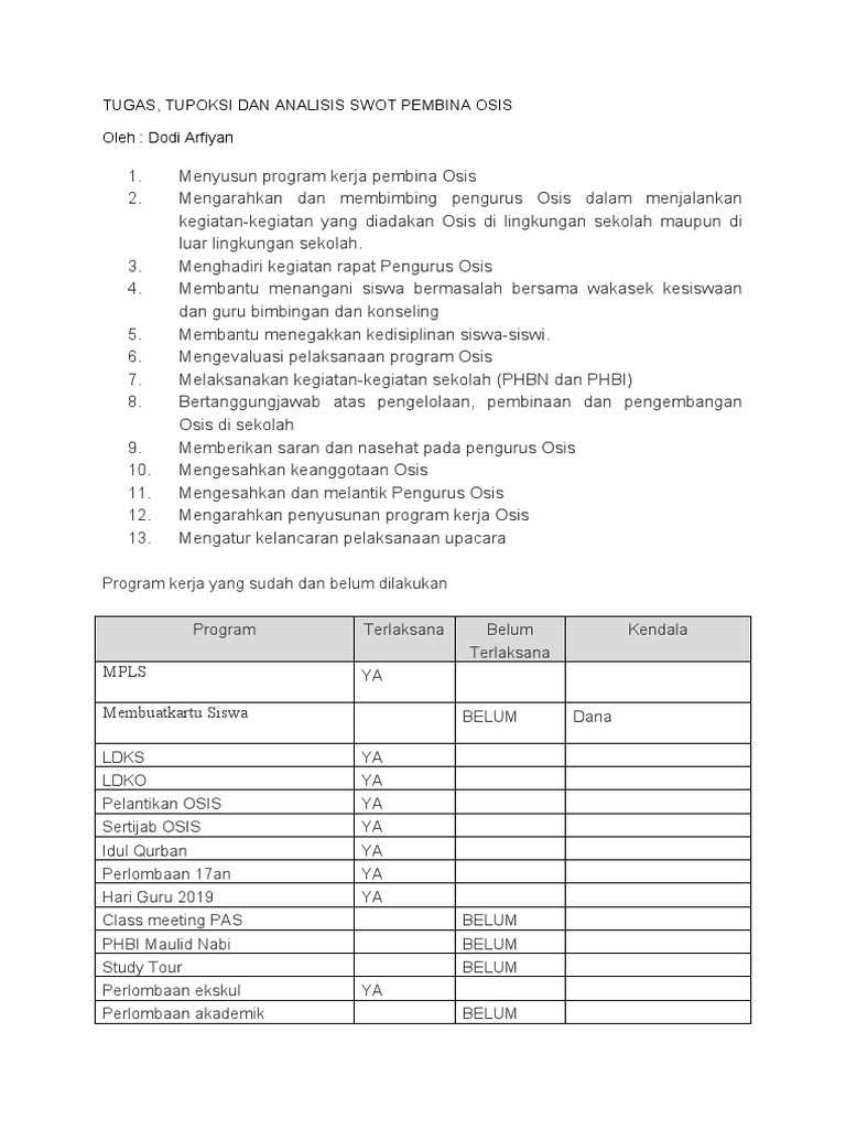 Tugas Dan Tupoksi Pembina Osis | PDF