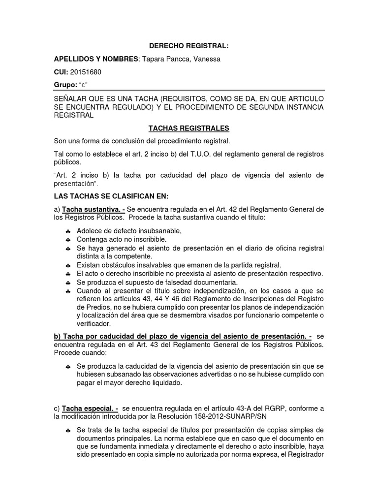 DERECHO REGISTRAL - Tachas PDF | PDF | Apelación | Gobierno