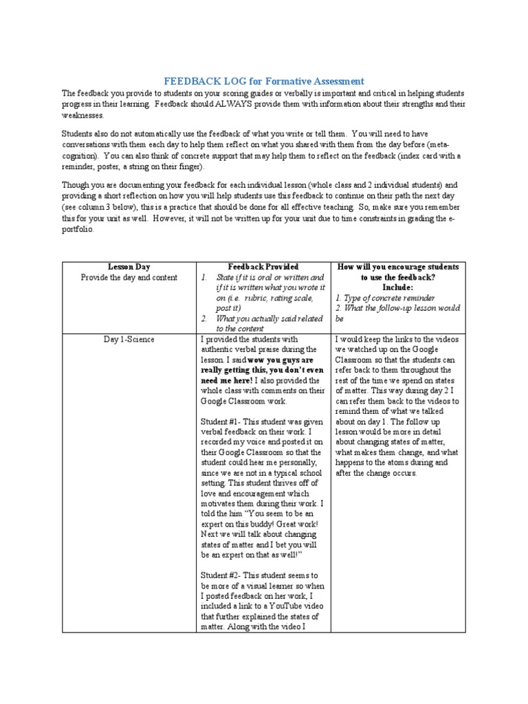 Feedback Log | PDF | Cognition | Learning